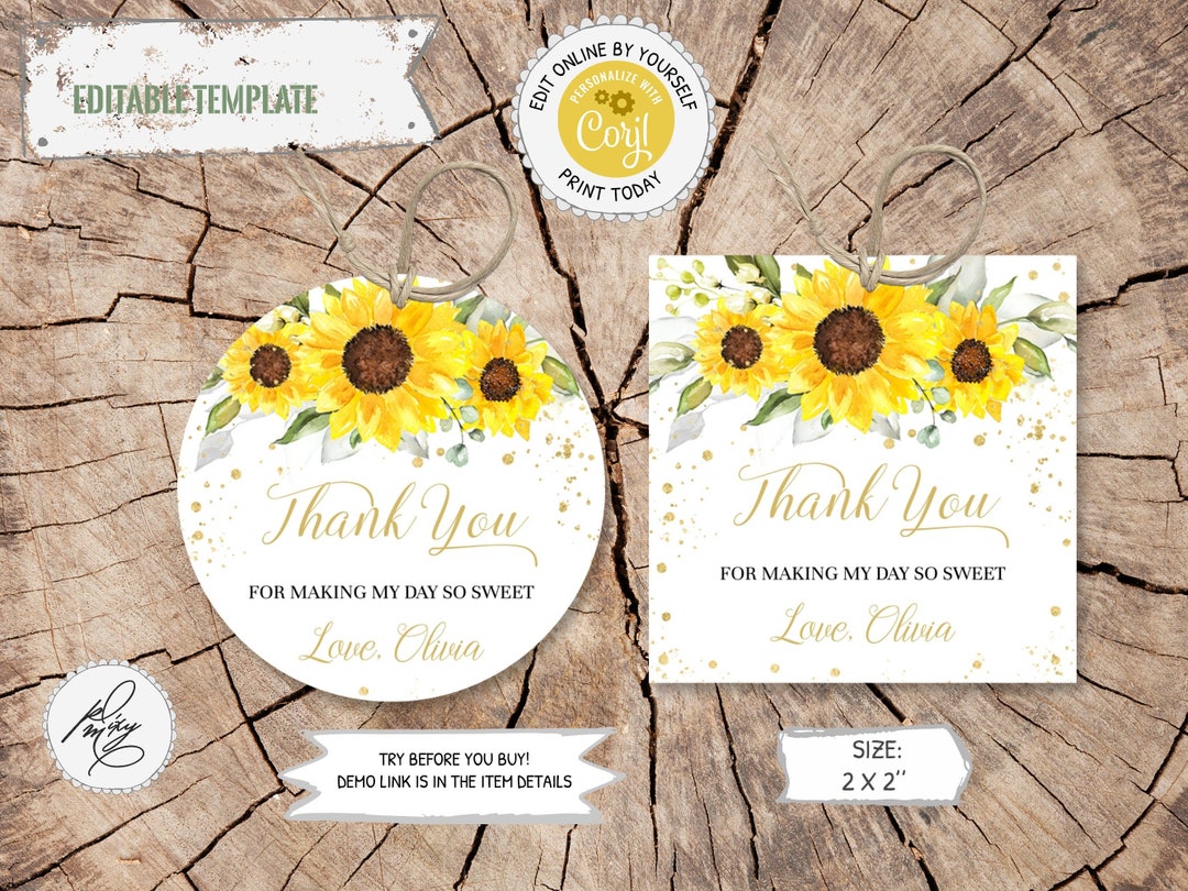 Sunflower Favor Tag, Editable Floral Birthday Decoration, Sunflower ...