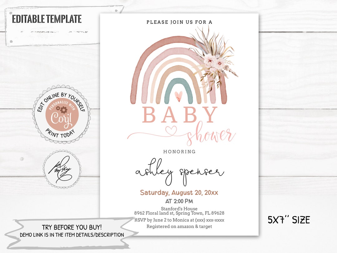 Editable Boho Rainbow Baby Shower Invitation, Pastel Rainbow Floral ...