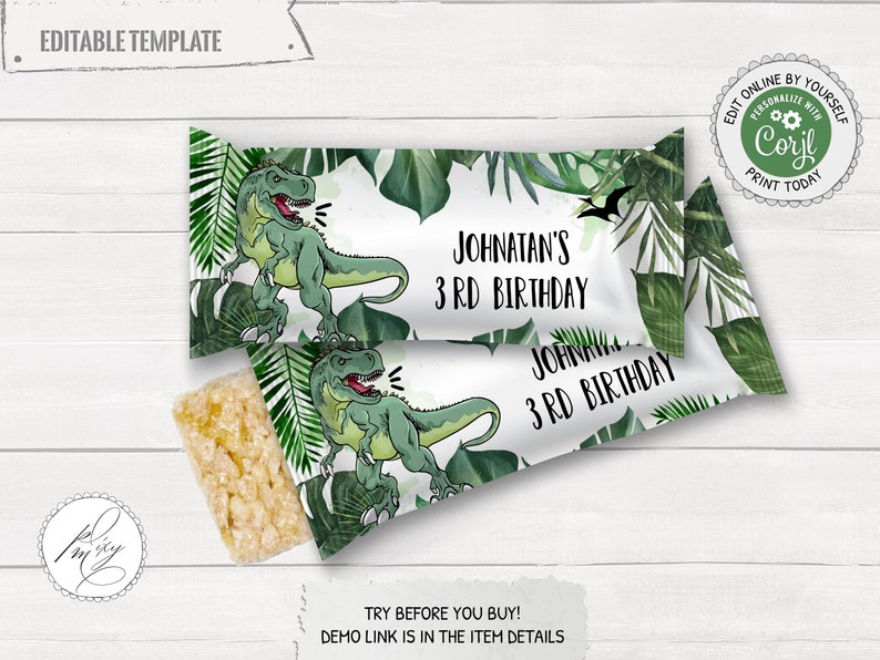 Editable T-rex Rice Krispies Treat Wrapper Printable Dinosaur - Etsy