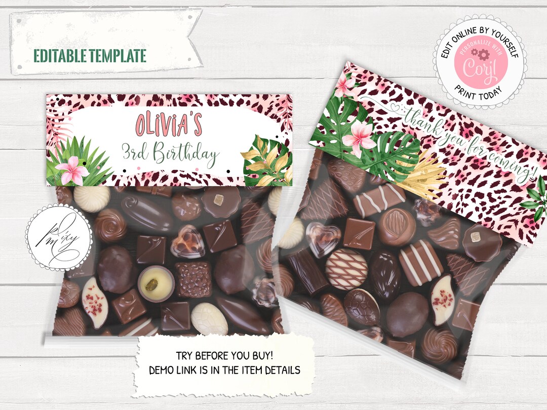 Pink Leopard Print Treat Bag Topper, Editable Safari Bag Topper, Jungle ...