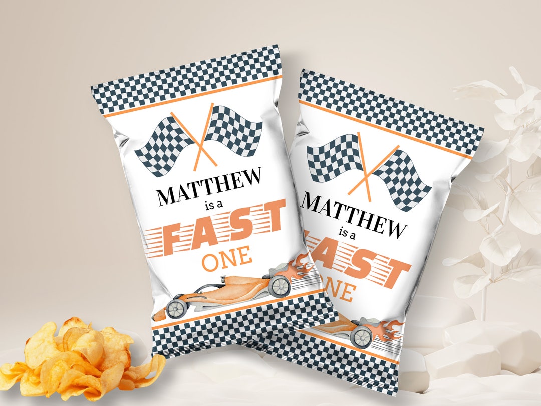 Editable Orange Race Car Chip Bag, Racing Car Snacks Treat Bag, Fast ...