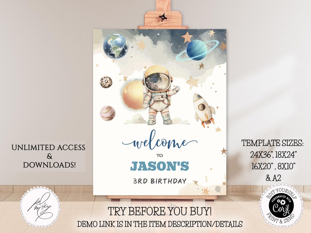 Editable Outer Space Welcome Sign, Galaxy Planets Rocket Ship Astronaut ...