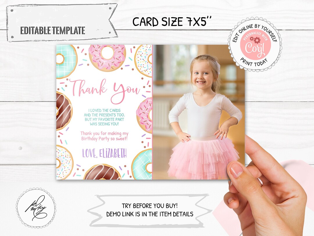 Editable Donut Thank You Card With Photo, Donut Thank You Note, Girl ...
