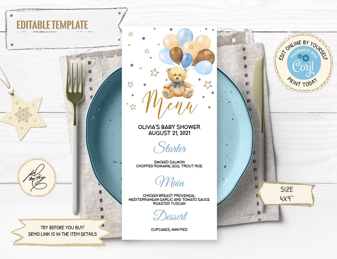 Editable Teddy Bear Baby Shower Menu Card, Blue & Gold Teddy Bear Baby ...