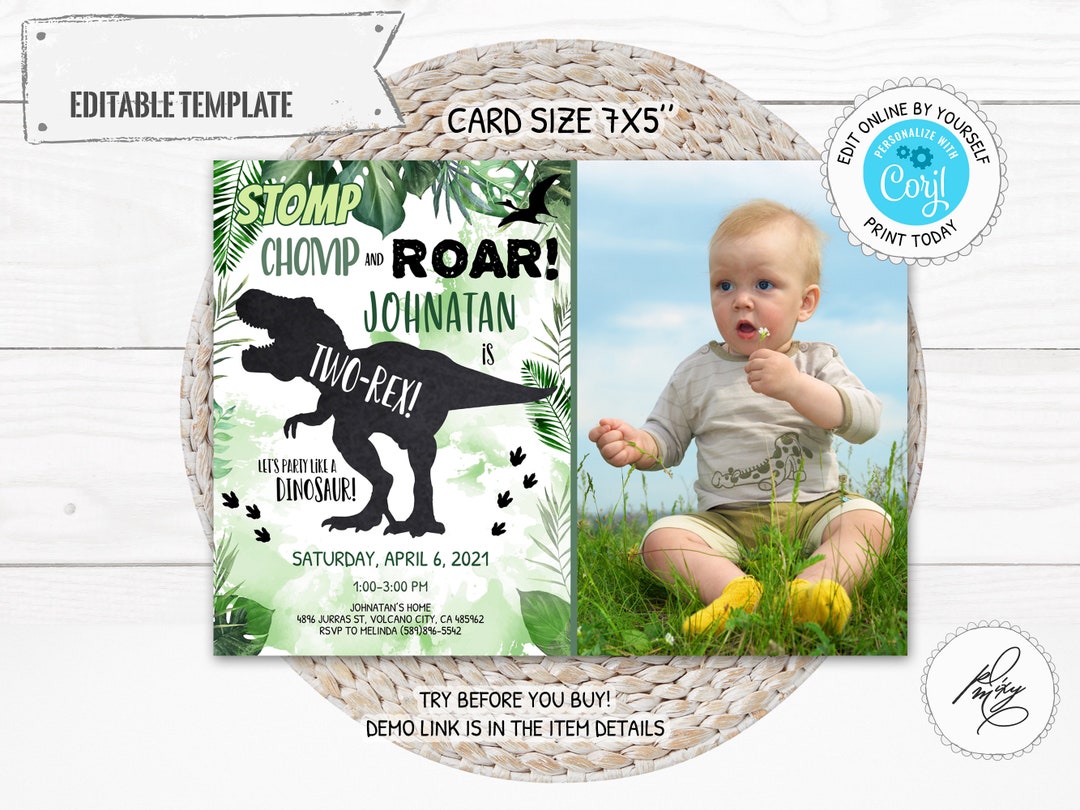 Dinosaur 2nd Birthday Boy Invitation Photo, Editable T-rex Birthday ...