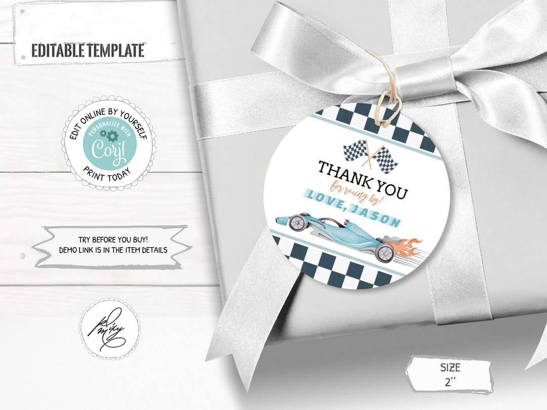 Blue Racing Car Favor Tag, Racing Car Thank You Tag, Race Car Gift Tag ...