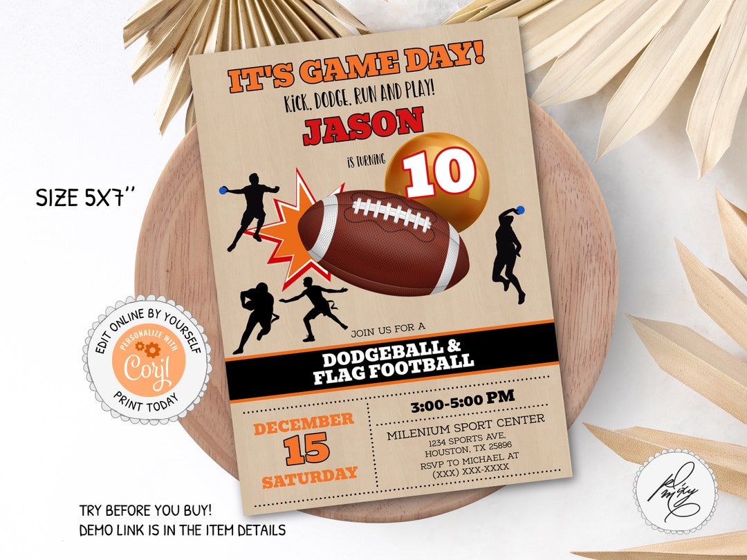 Editable Dodgeball & Flag Football Birthday Invitation, Kickball ...