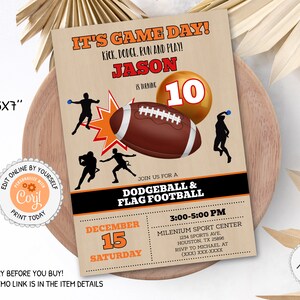 Editable Dodgeball & Flag Football Birthday Invitation, Kickball ...