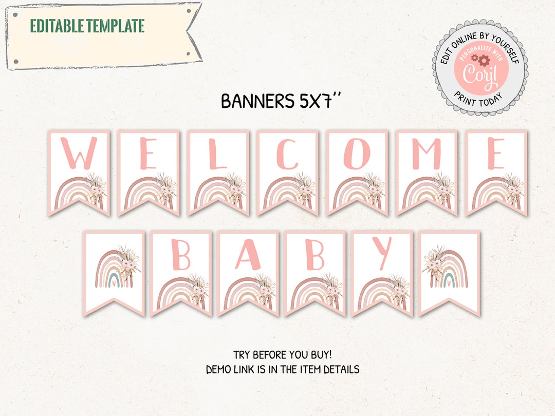 Editable Welcome Baby Boho Rainbow Baby Shower Banner, Pastel Rainbow ...