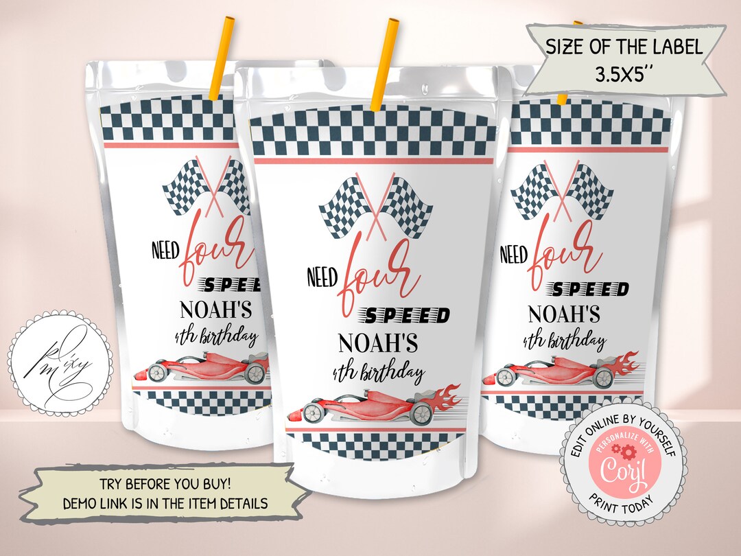Editable Red Race Car Juice Box Labels , Red Car Racing 4th Birthday ...