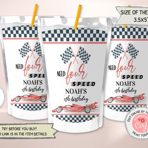 Editable Red Race Car Juice Box Labels , Red Car Racing 4th Birthday ...