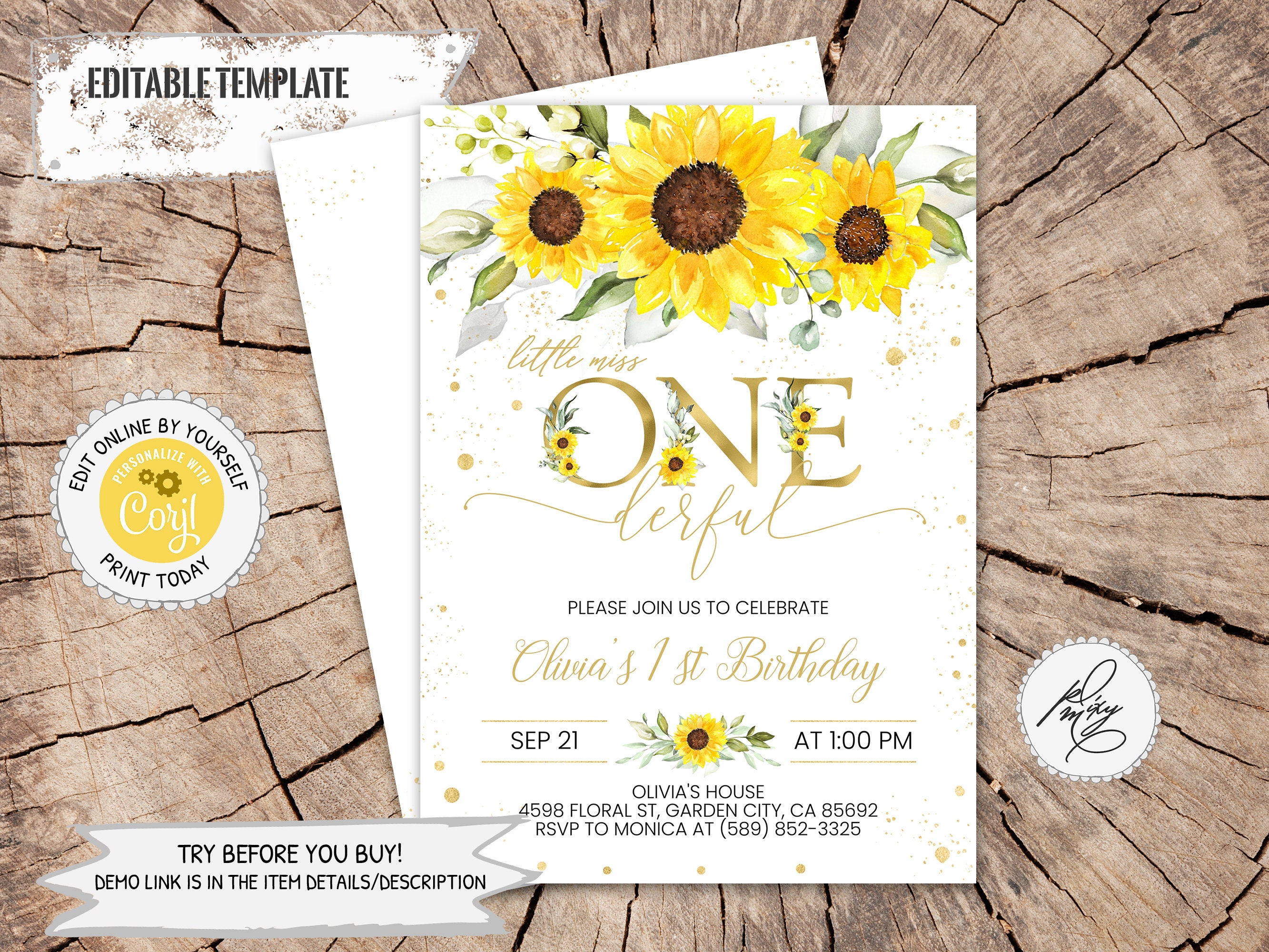 Editable Sunflower 1st Birthday Invitation Girl Little Miss - Etsy