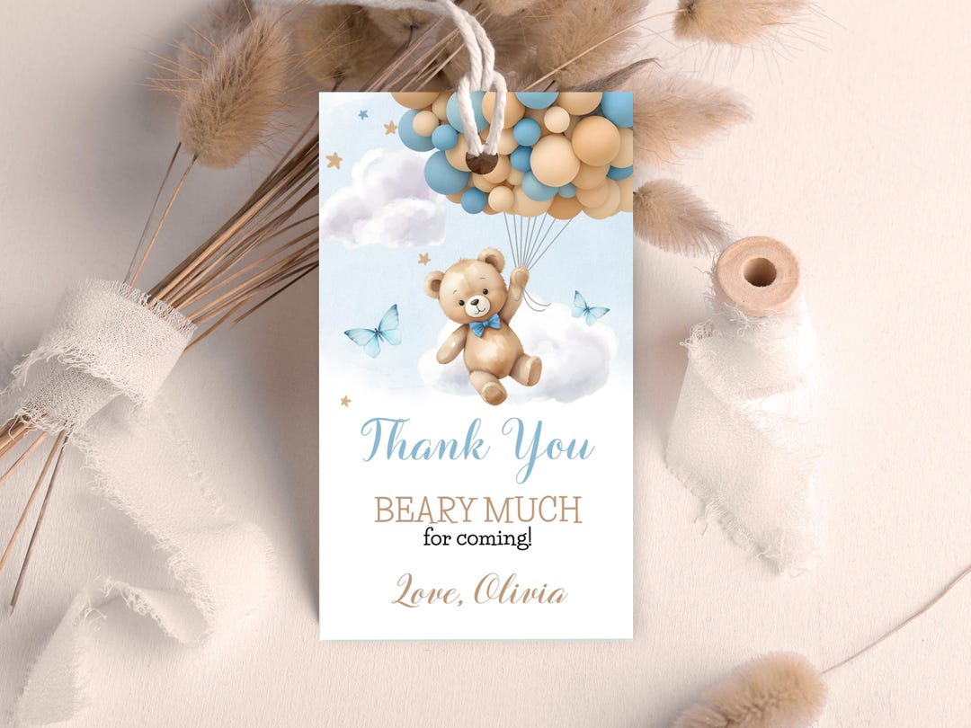Editable Blue Brown Bear Favor Tag, Teddy Bear Gift Tag, Kids Bear ...