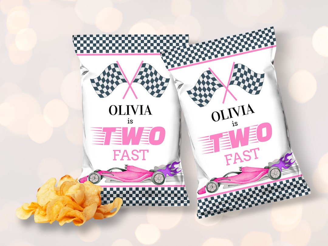 Editable Pink Race Car Chip Bag, Racing Car Snacks Treat Bag, Two Fast ...