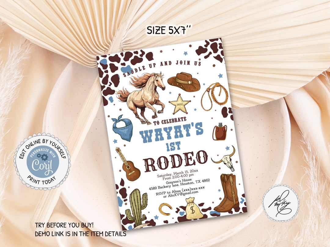 Editable My 1st Rodeo Birthday Boy Invitation, Cowboy Birthday ...