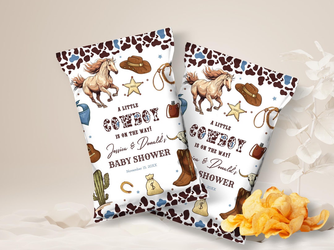 Editable A Little Cowboy Chip Bag Baby Shower Boy, Wild West Baby ...