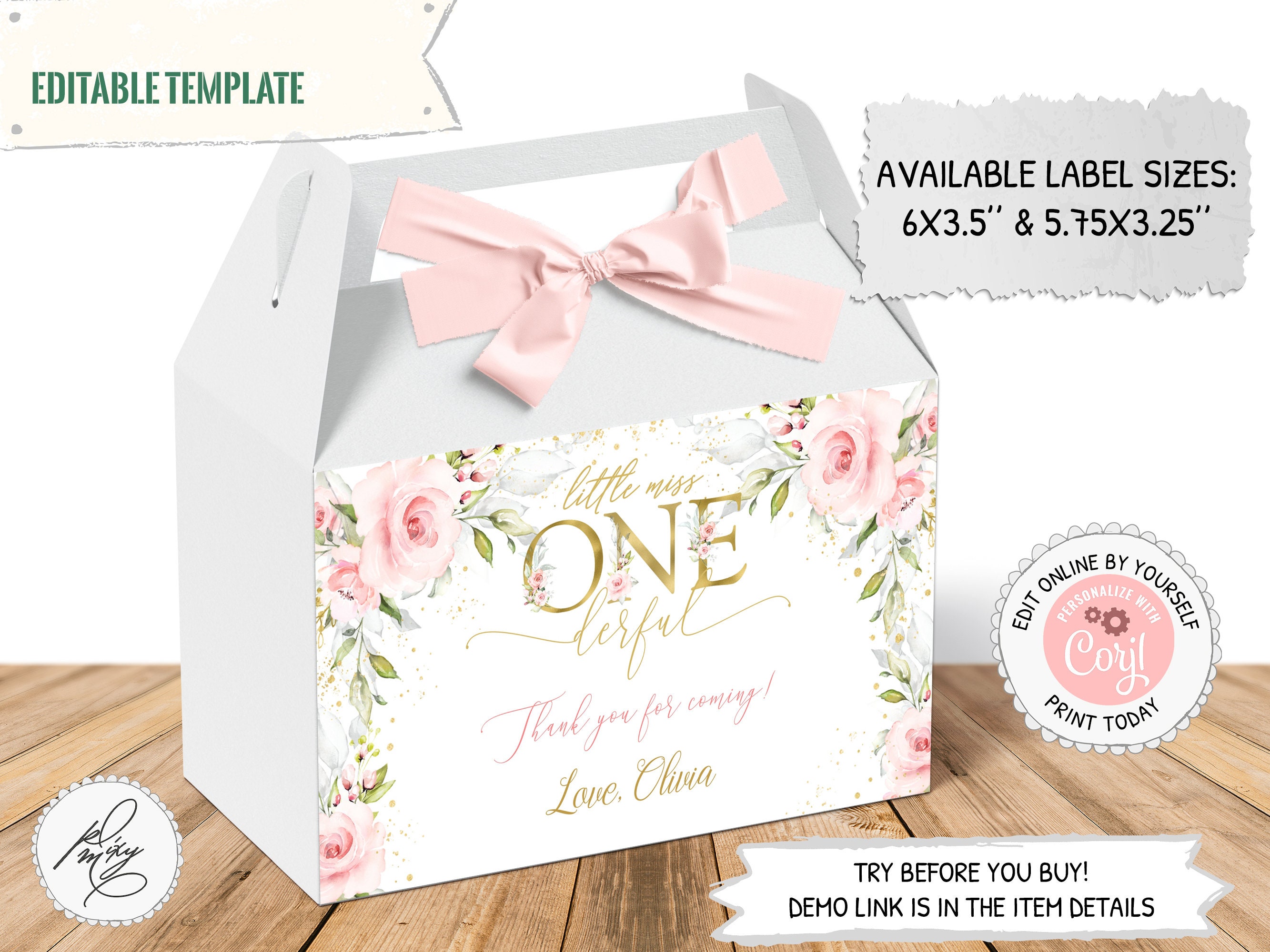 Editable Little Miss Onederful Gable Box Label Blush Pink | Etsy