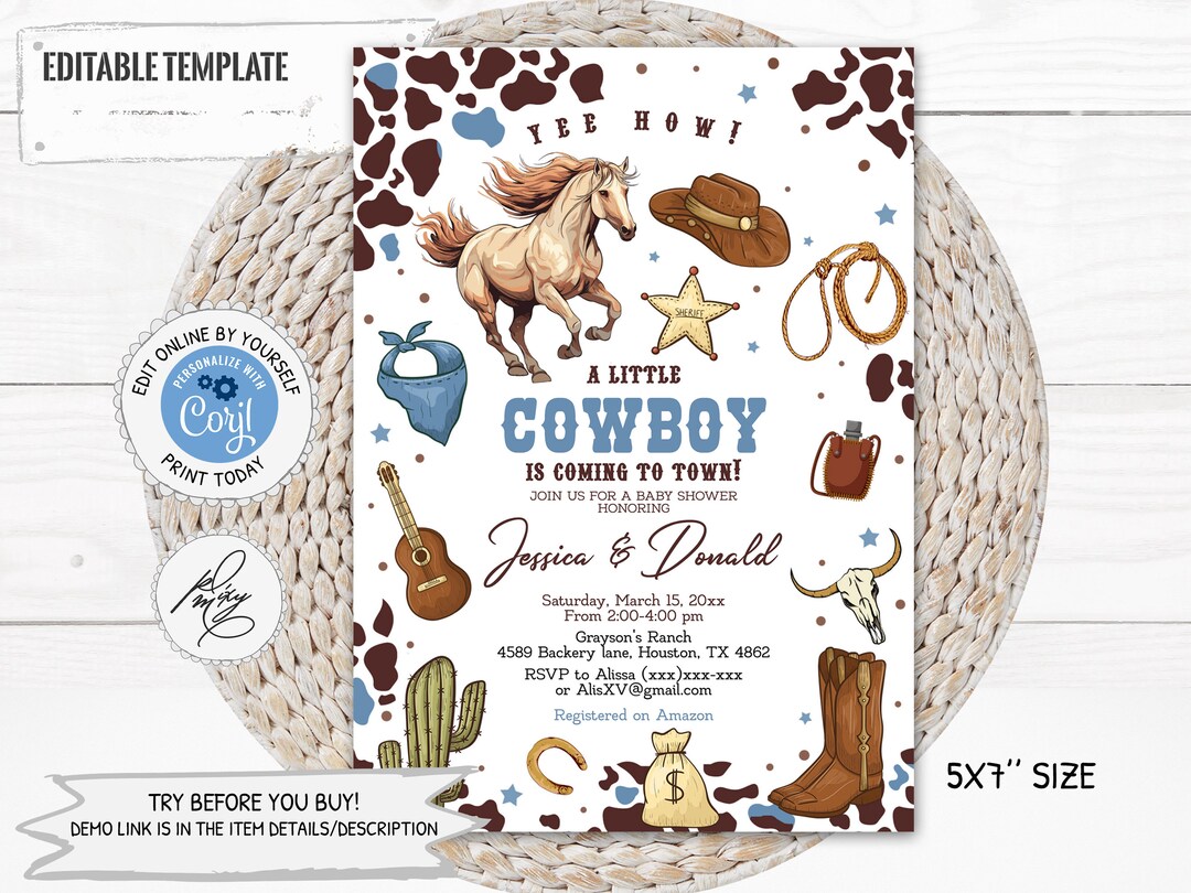 Editable Cowboy Baby Shower Boy Invitation, Wild West Baby Shower ...