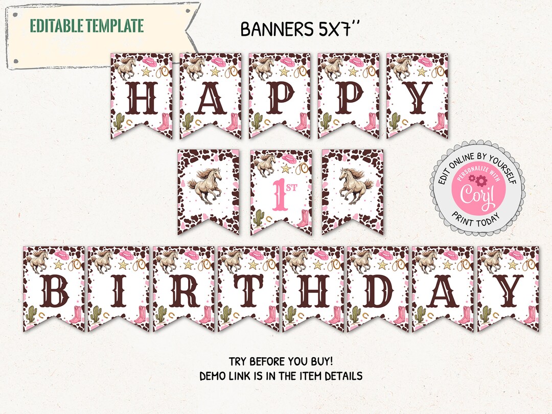 Editable My 1st Rodeo Happy Birthday Banner, Wild West Birthday Girl ...