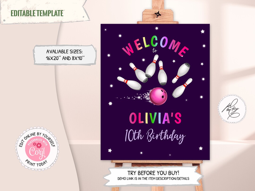 Bowling Birthday Girl Welcome Sign, Editable Rainbow Bowling Party ...