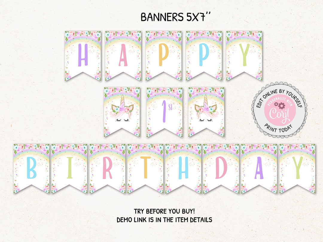 Editable Rainbow Unicorn Birthday Banner, Magical Unicorn Party ...