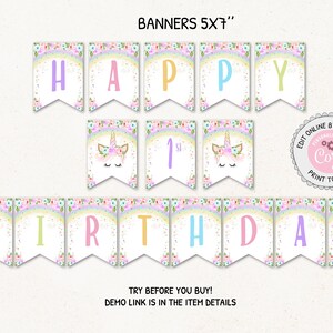 Editable Rainbow Unicorn Birthday Banner, Magical Unicorn Party ...