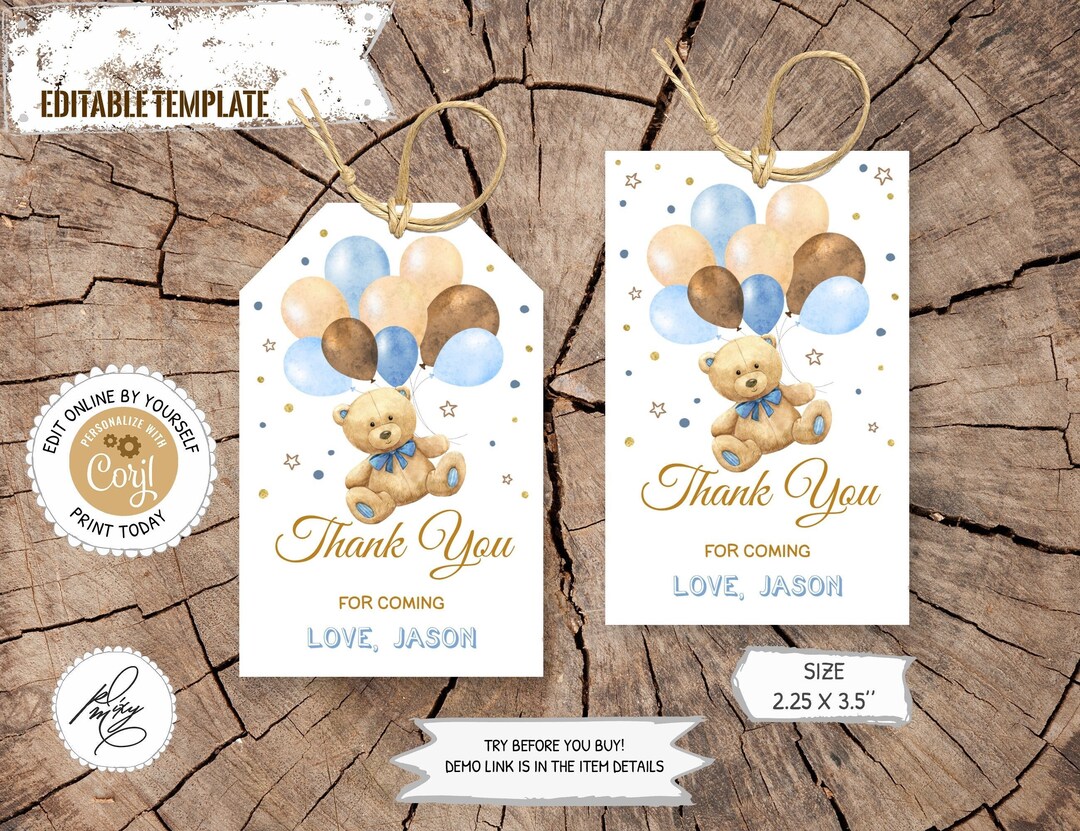 Teddy Bear Favor Tag Teddy Bear & Balloons Thank You Tag - Etsy Canada