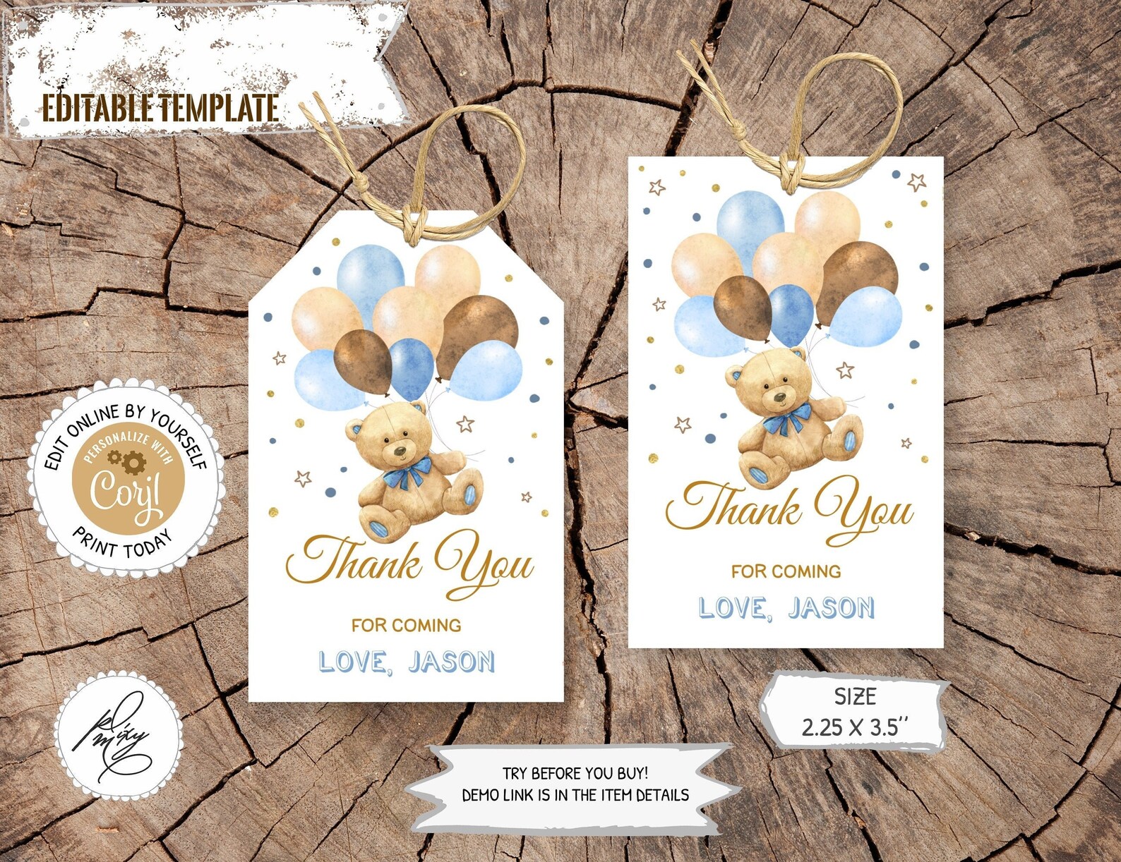 Teddy Bear Favor Tag Teddy Bear & Balloons Thank You Tag - Etsy