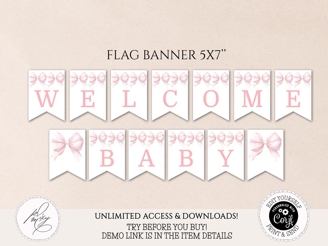 Editable Welcome Baby Pink Bow Baby Shower Banner, Coquette Pink Baby ...