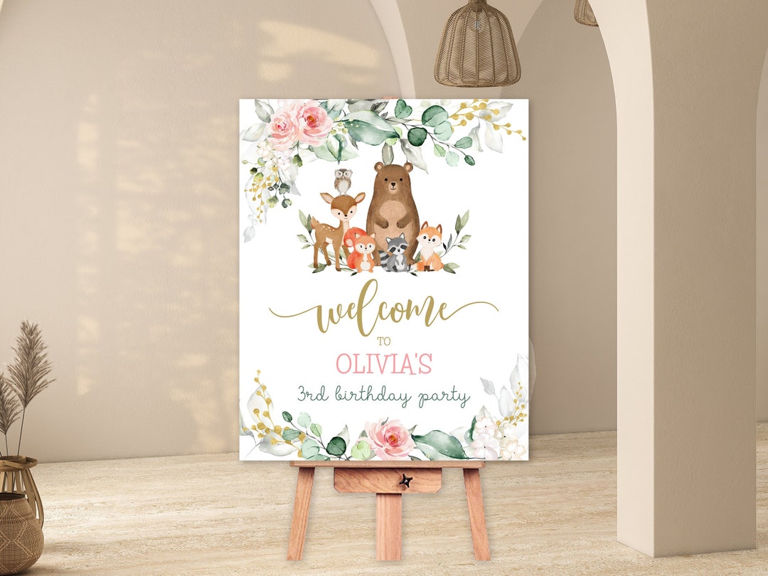Editable Woodland Welcome Sign, Printable Forest Animals Birthday Girl ...