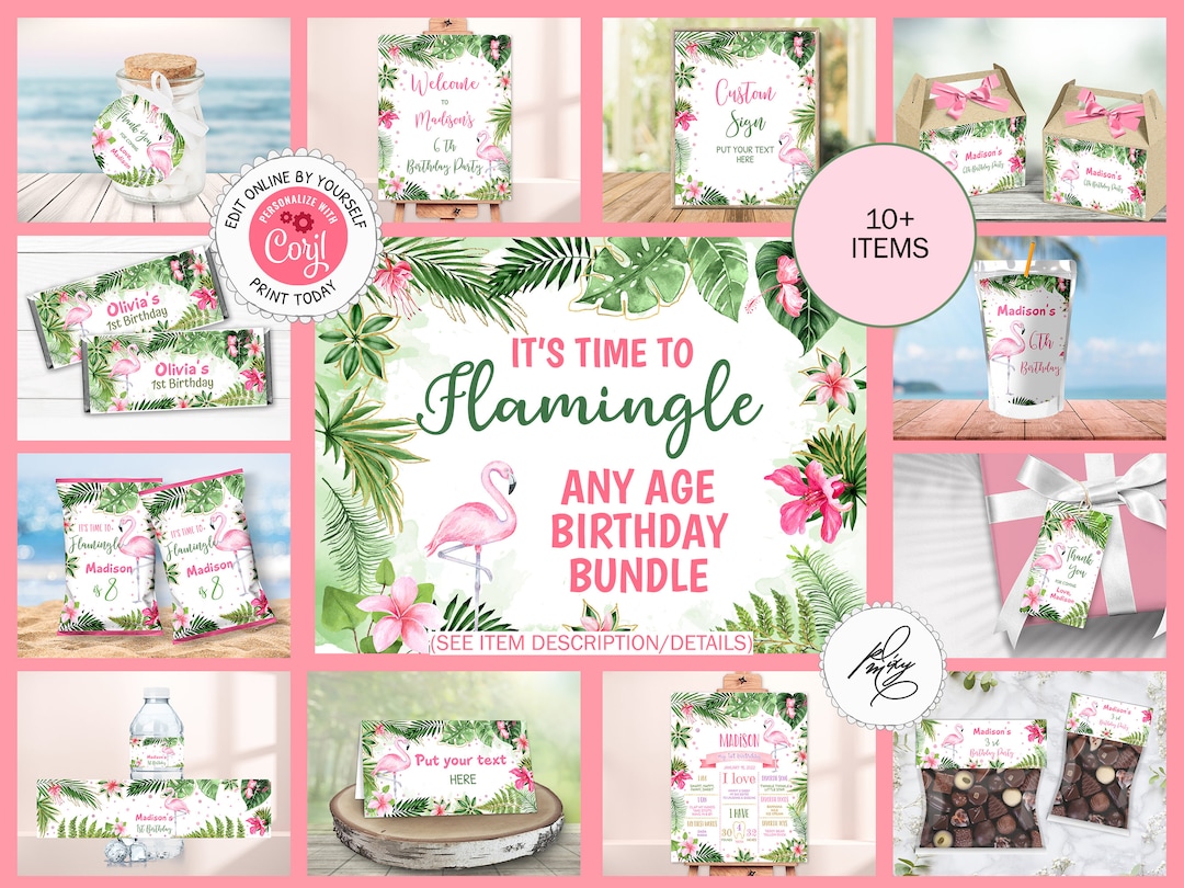 Editable Flamingo Birthday Bundle, Tropical Flamingo Any Age Birthday ...