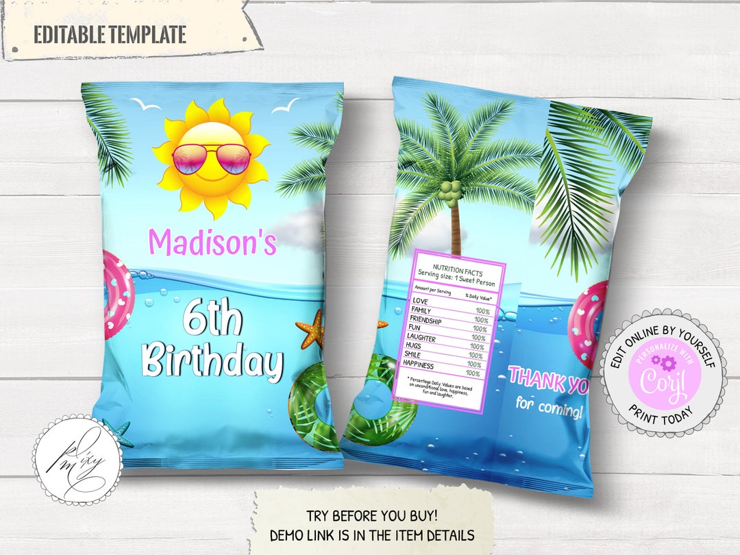 Editable Pool Party Chip Bag, Swimming Pool Birthday Girl Party Treat ...