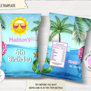 Editable Pool Party Chip Bag, Swimming Pool Birthday Girl Party Treat ...