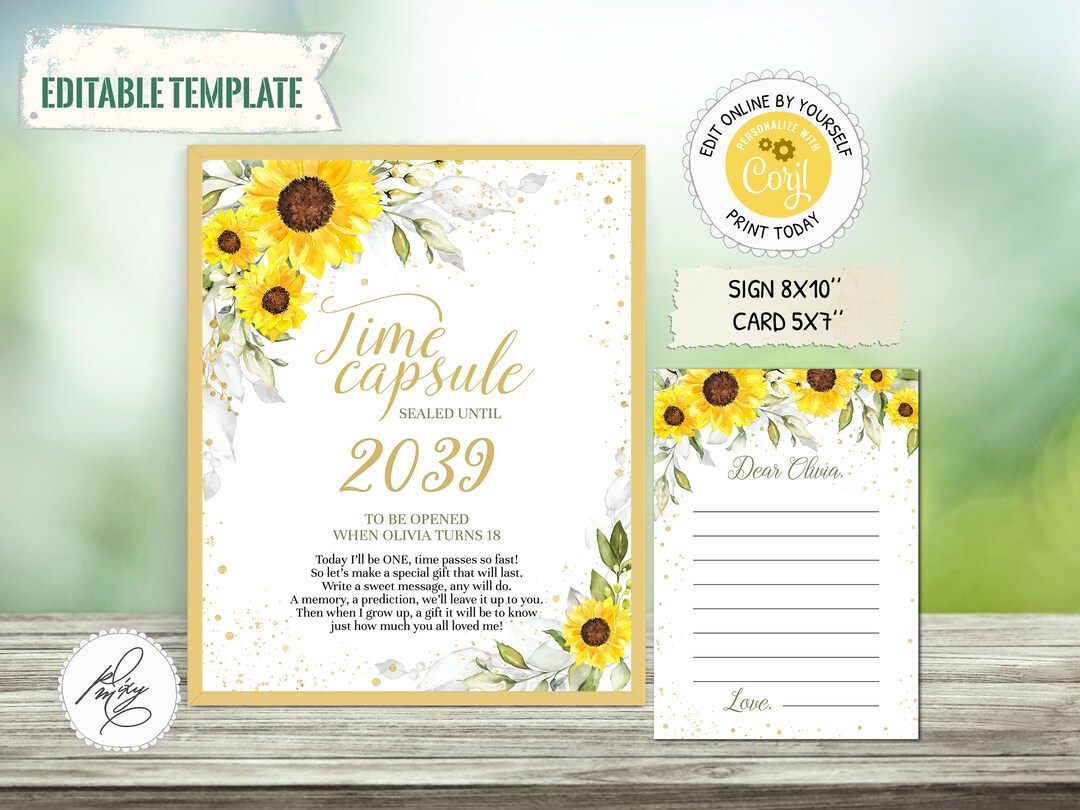 Sunflower Time Capsule Sign With Note Card Editable Miss - Etsy
