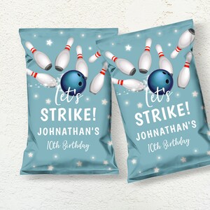Editable Bowling Birthday Boy Chip Bag Wrapper, Blue Bowling Treat Bag ...