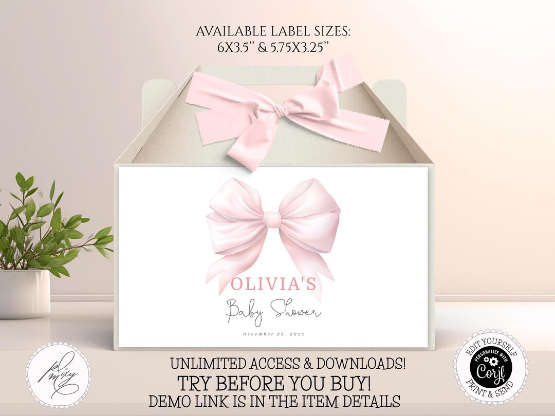 Editable Pink Bow Gable Box Label, Minimalist Pink Pink Bow Gift Box ...