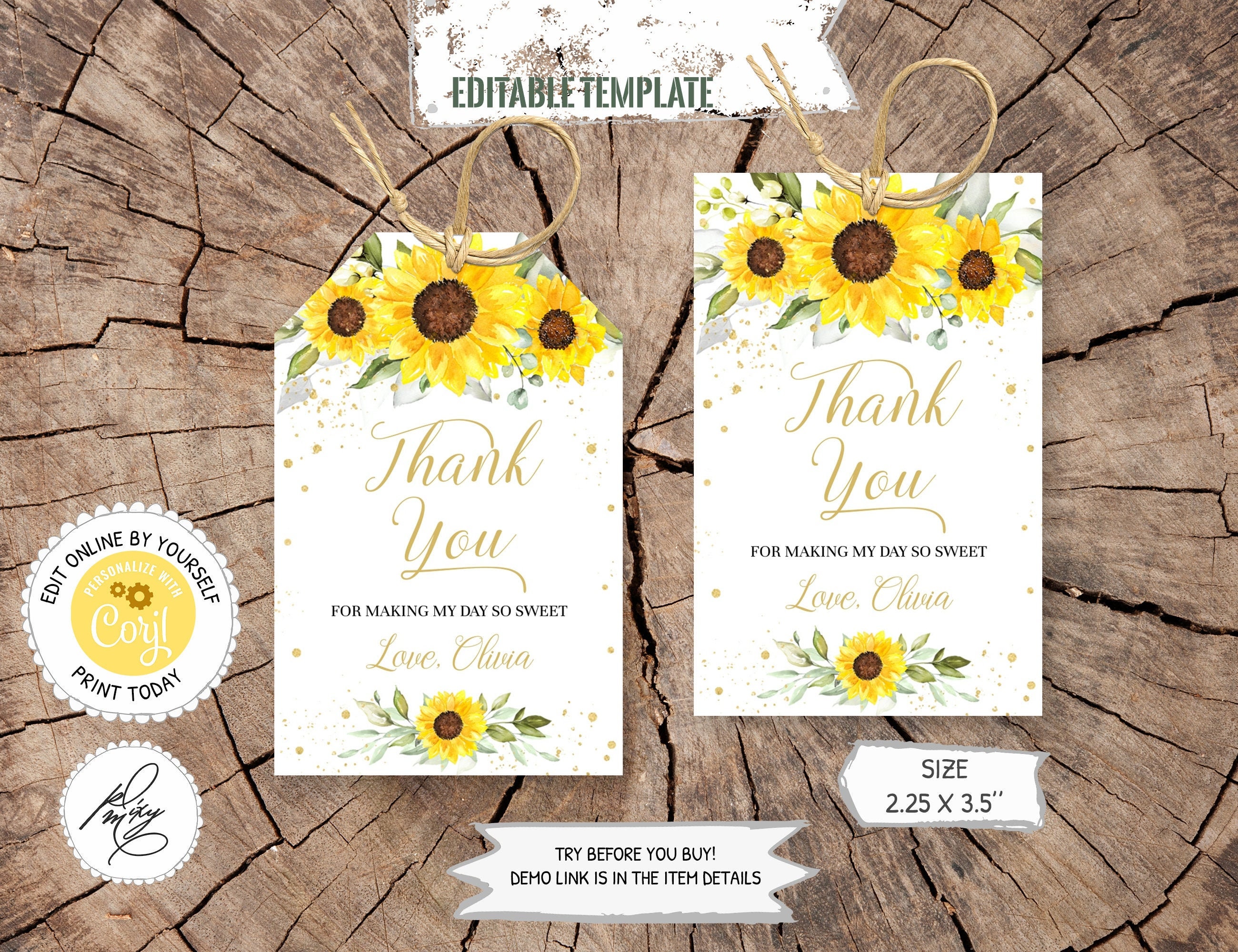 Sunflower Favor tag Floral Thank You Tag Sunflower Gift Tag | Etsy