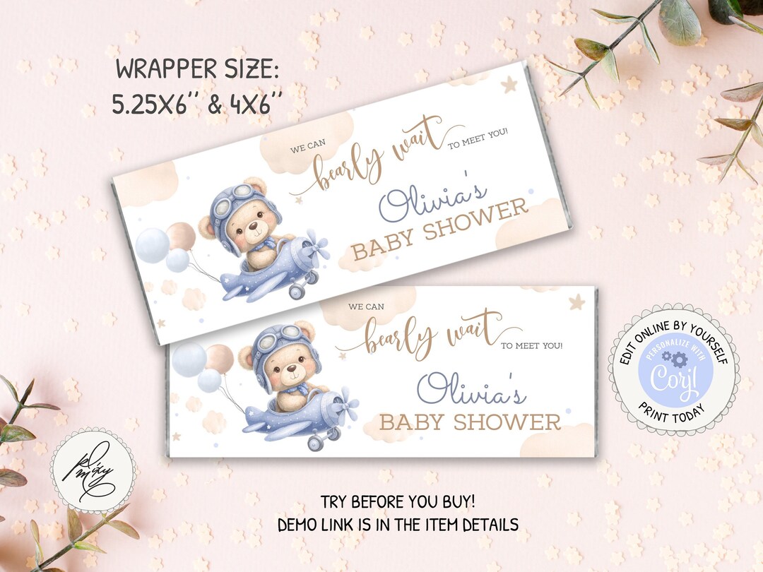 Editable Blue Airplane Bear Pilot Chocolate Wrapper, Printable Fly Bear ...