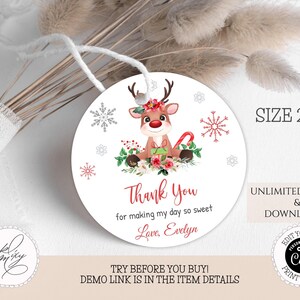 Editable Reindeer Favor Tag, Christmas Thank You Tag, Winter Gift Tag ...