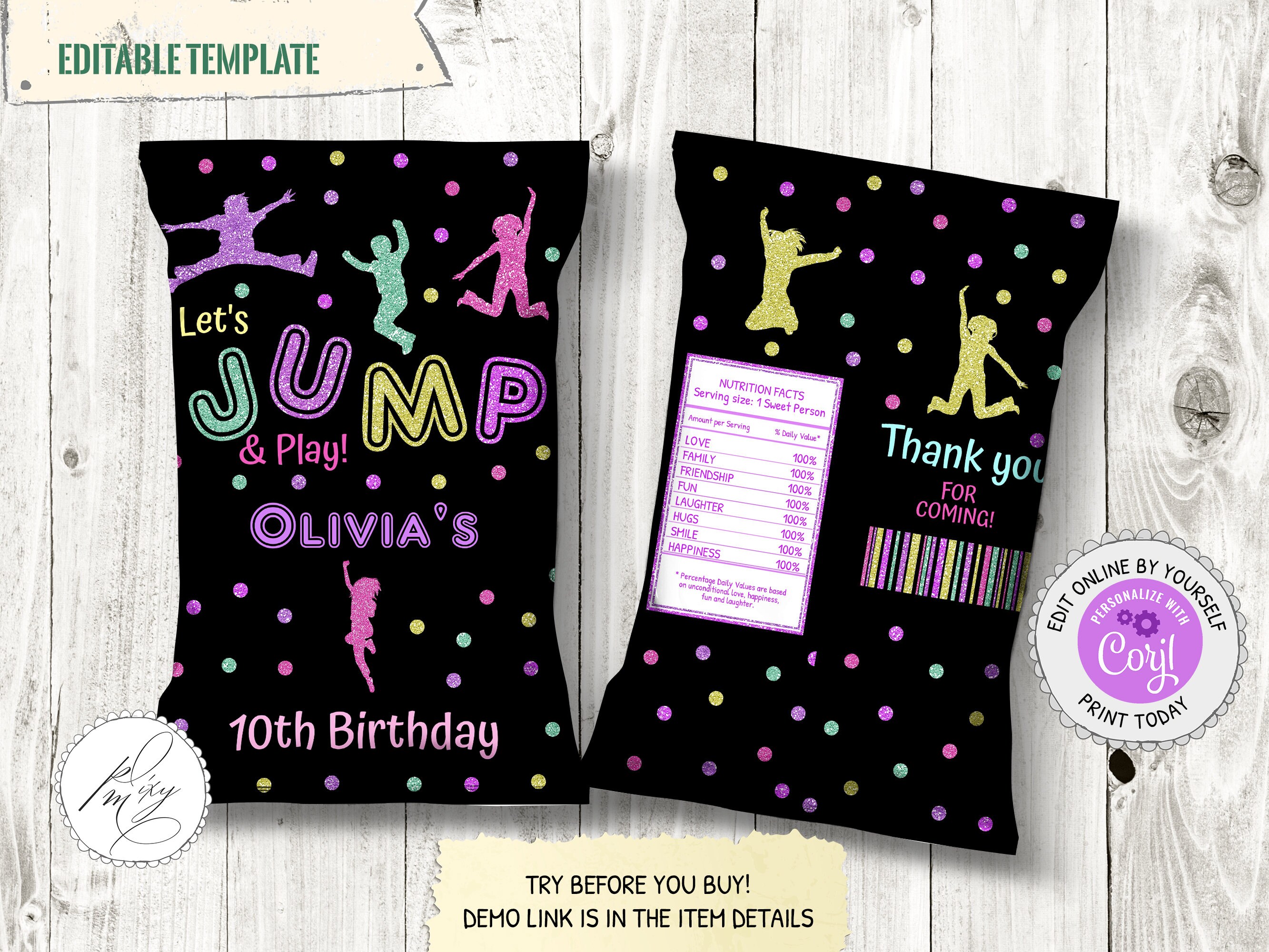 Editable Jump Chip Bag Template Snacks Treat Bag Wrapper - Etsy México