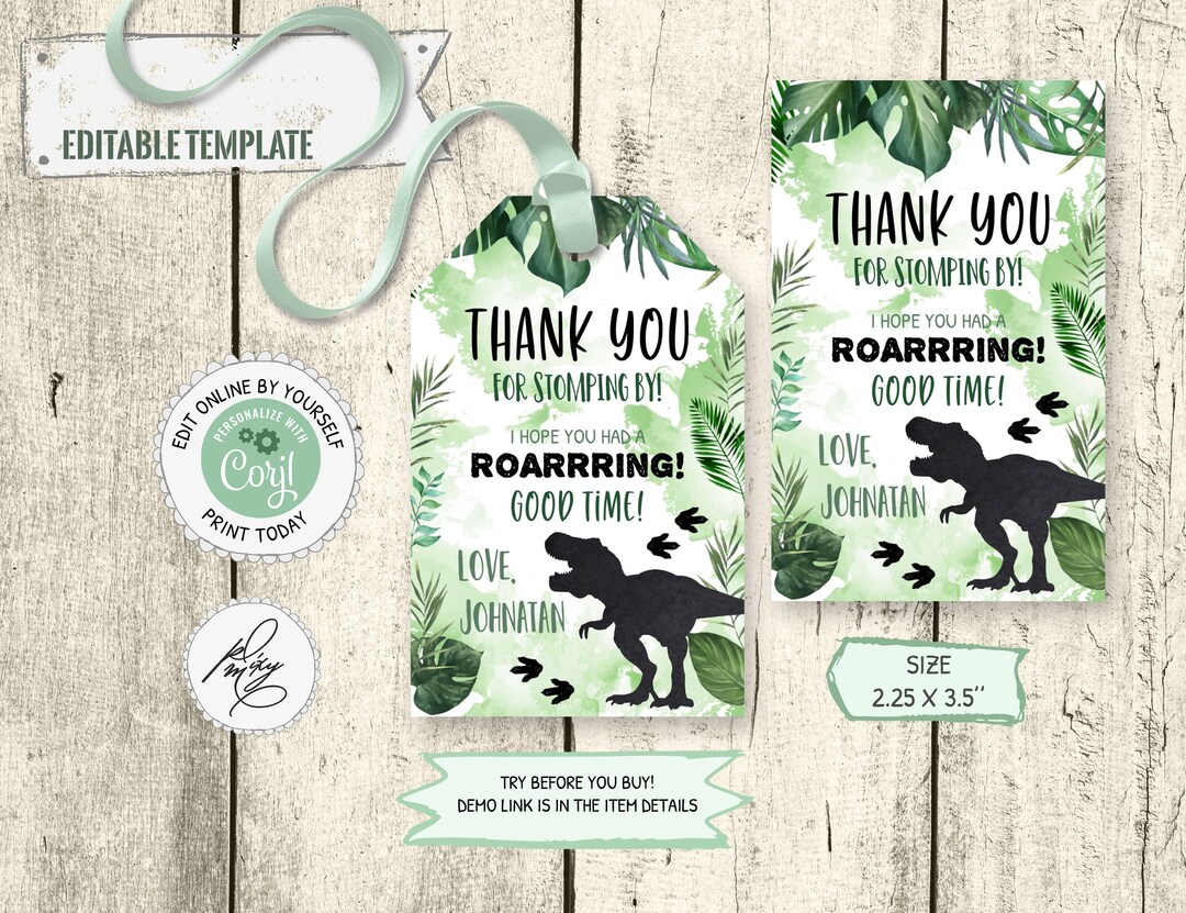 T-rex Favor Tag, Dinosaur Gift Tag, Prehistoric Theme, Editable ...