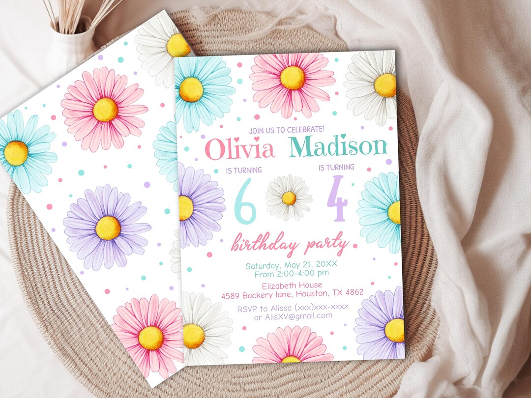 Editable Colorful Daisy Birthday Invitation for Two Girls, Pastel ...