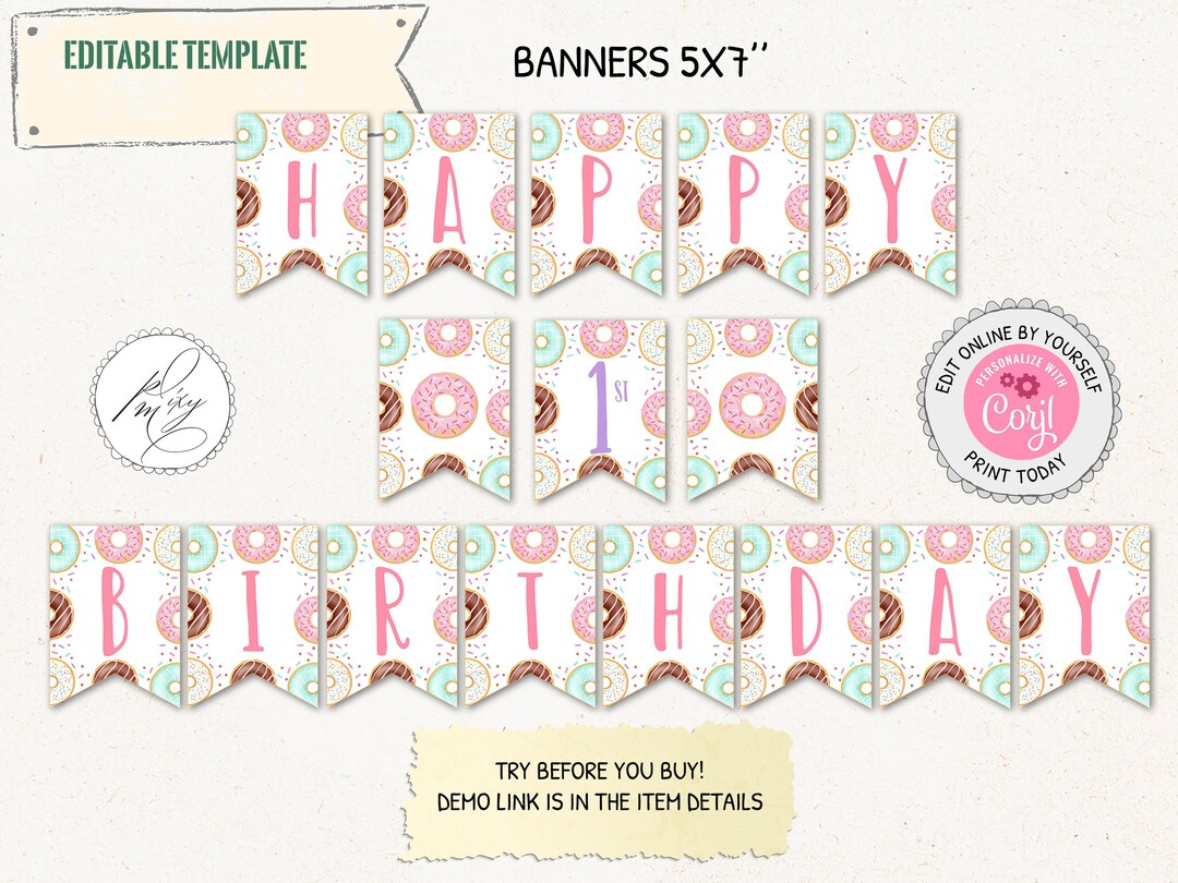 Donut Happy Birthday Banner, Editable Donut Birthday Party Decoration ...