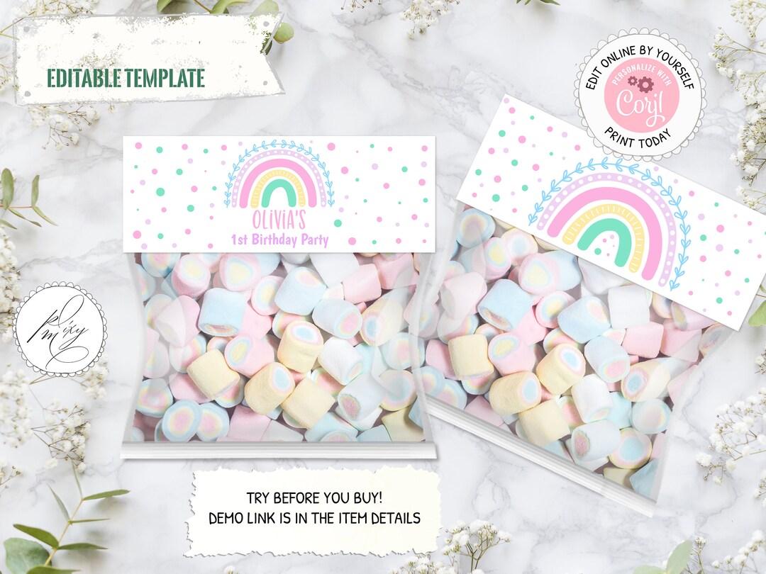 Rainbow Treat Bag Topper, Editable Pastel Rainbow Bag Topper, Rainbow ...