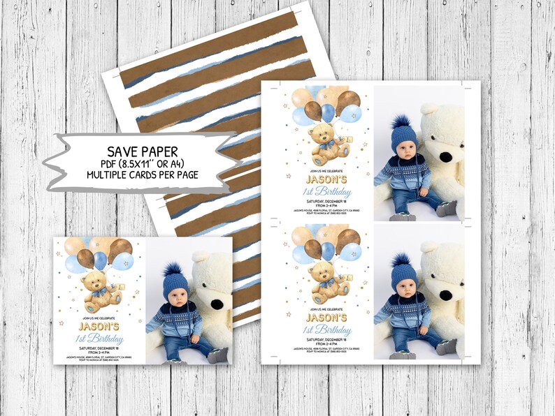 Editable Teddy Bear Birthday Photo Invitation Boy Teddy Bear - Etsy