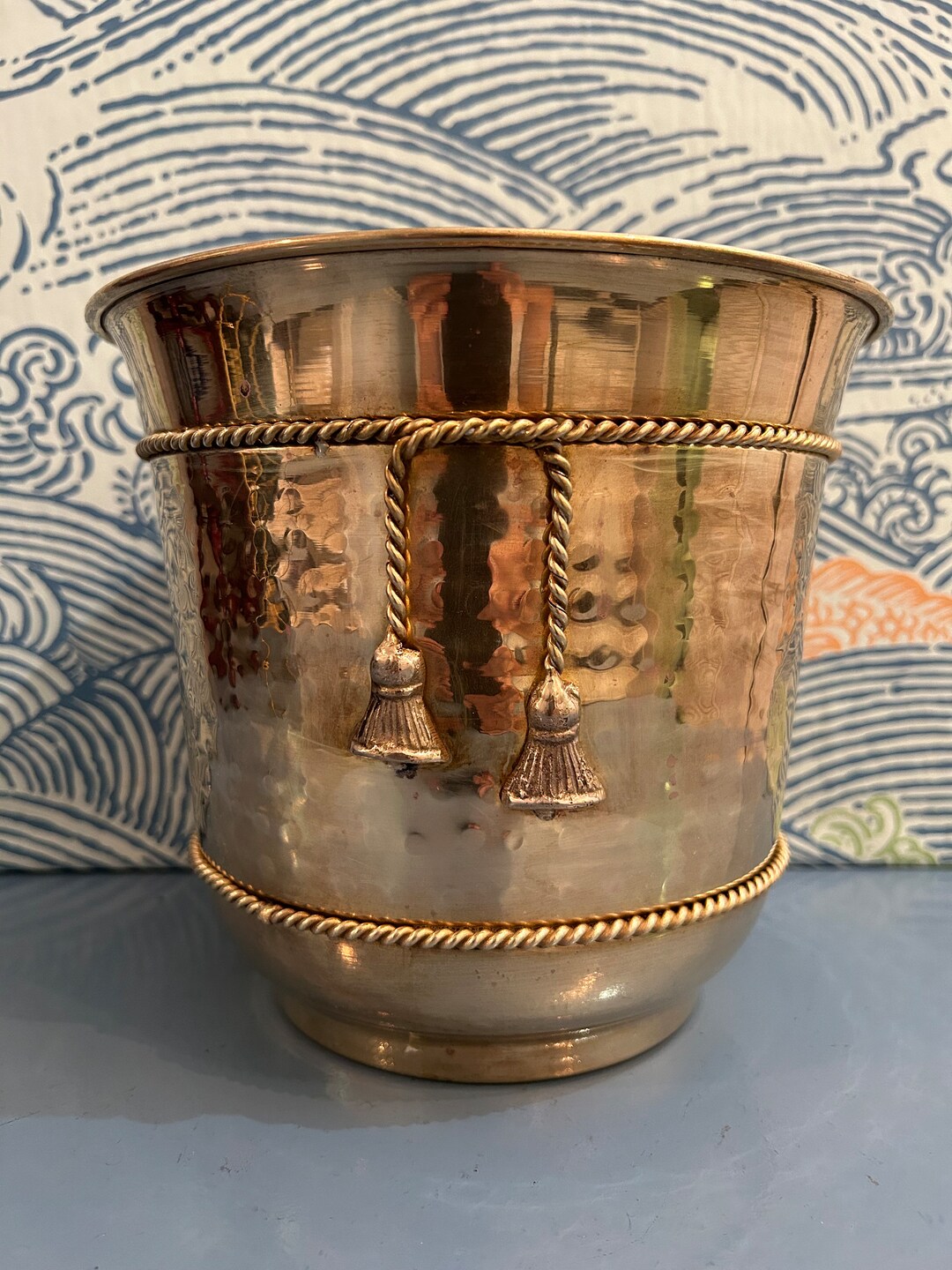 Vintage Hammered Brass Cache Pot or Planter With Rope and Tassel Trim ...