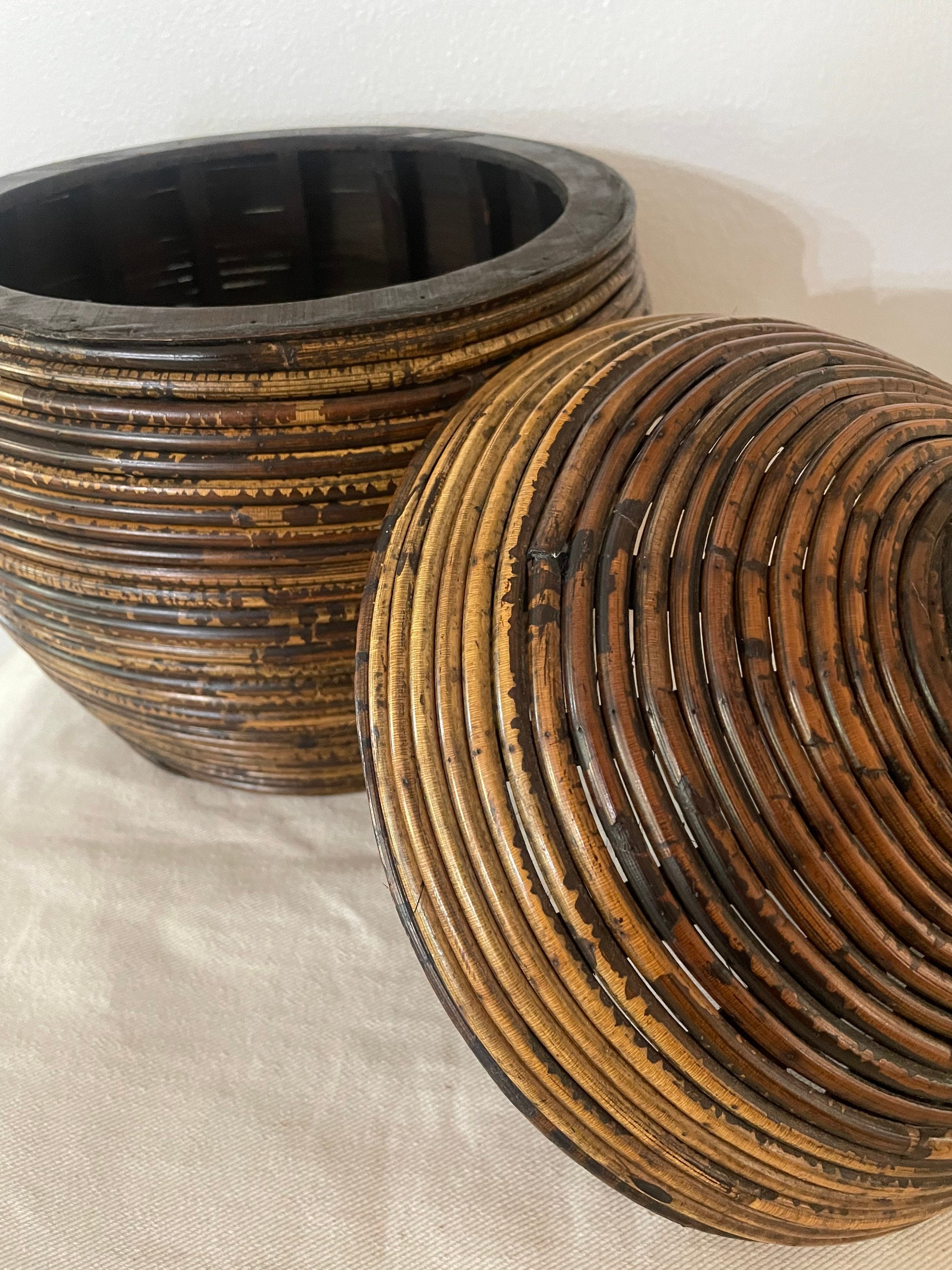 Vintage Pencil Reed Lidded Basket or Planter - Etsy