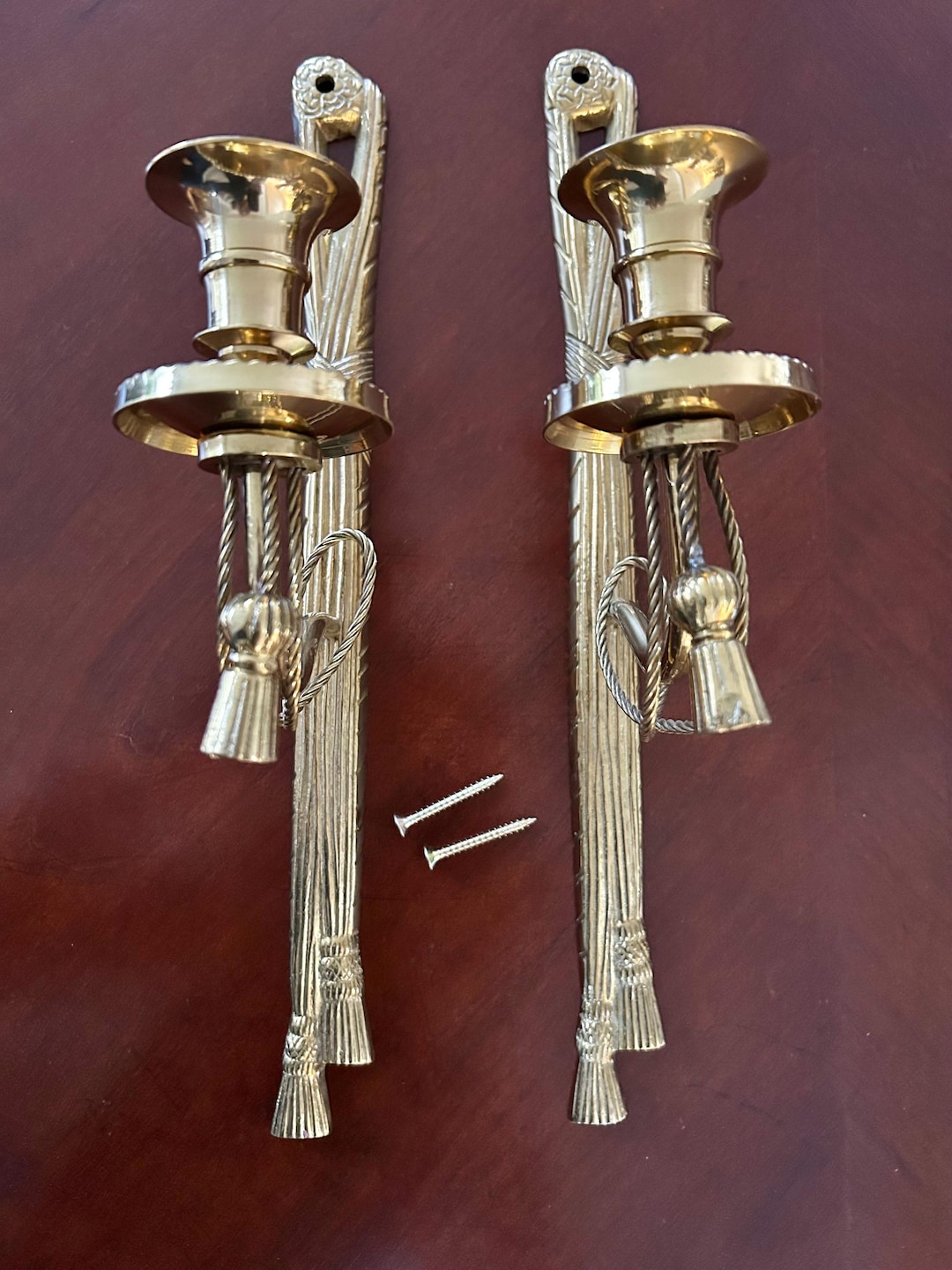Vintage Pair of Brass Reed and Ribbon Tassel Candle Wall Sconces - Etsy