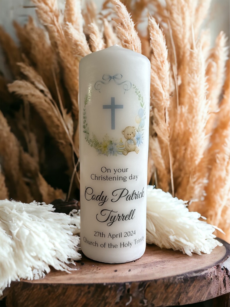 Personalised Teddy Bear Christening Candle for Boy - Baptism Candle ...