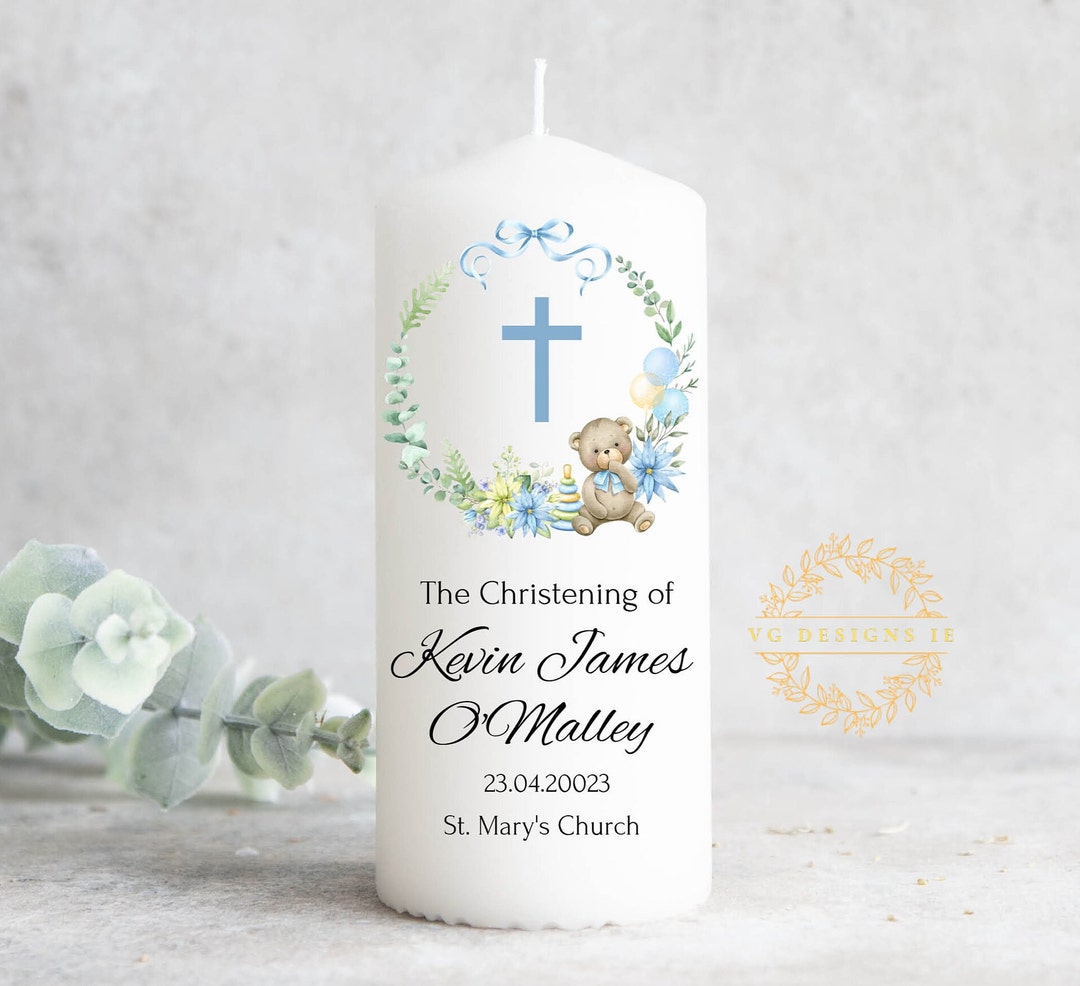 Personalised Teddy Bear Christening Candle for Boy - Baptism Candle ...